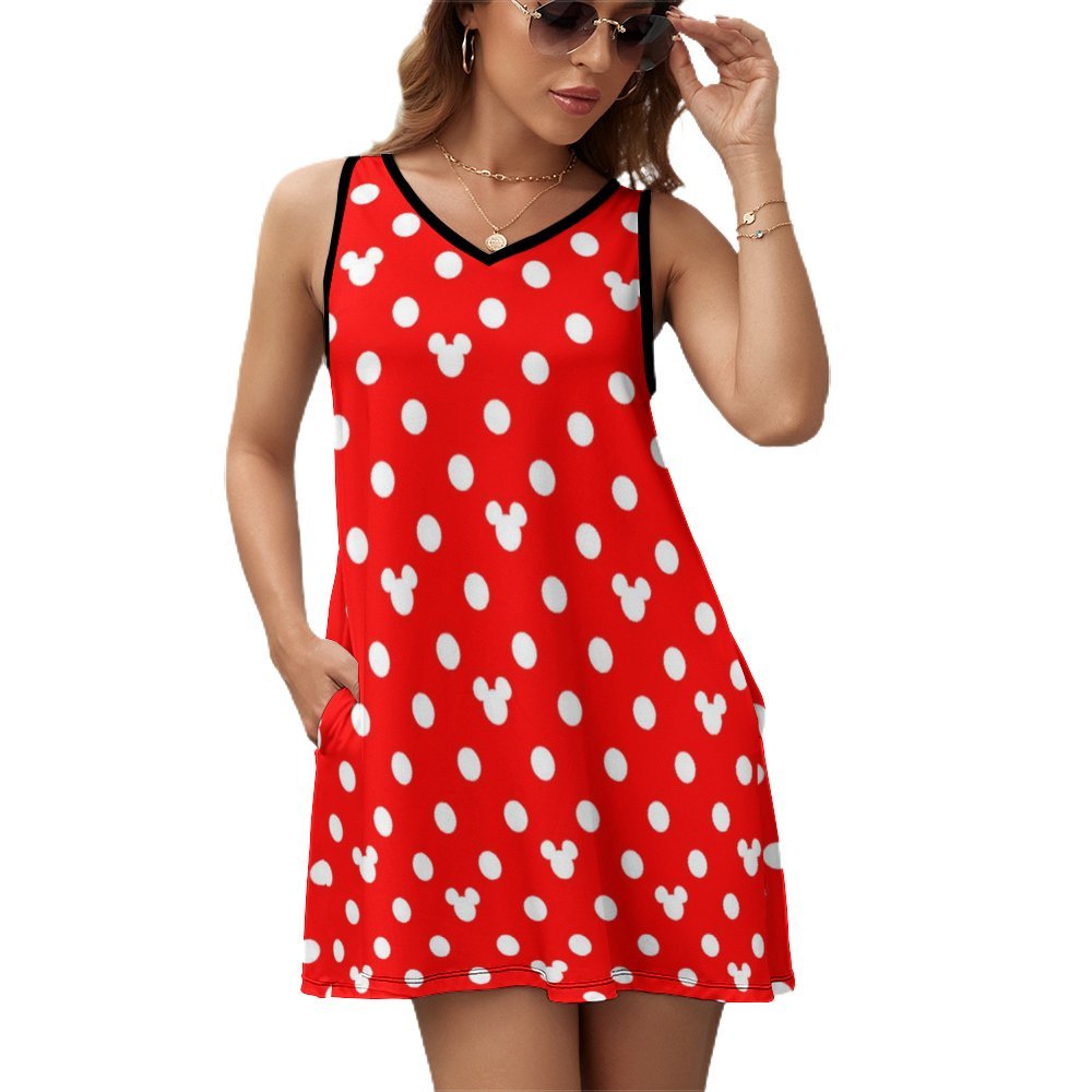 Red With White Mickey Polka Dots Sleeveless Sundress With Pockets – Ambrie