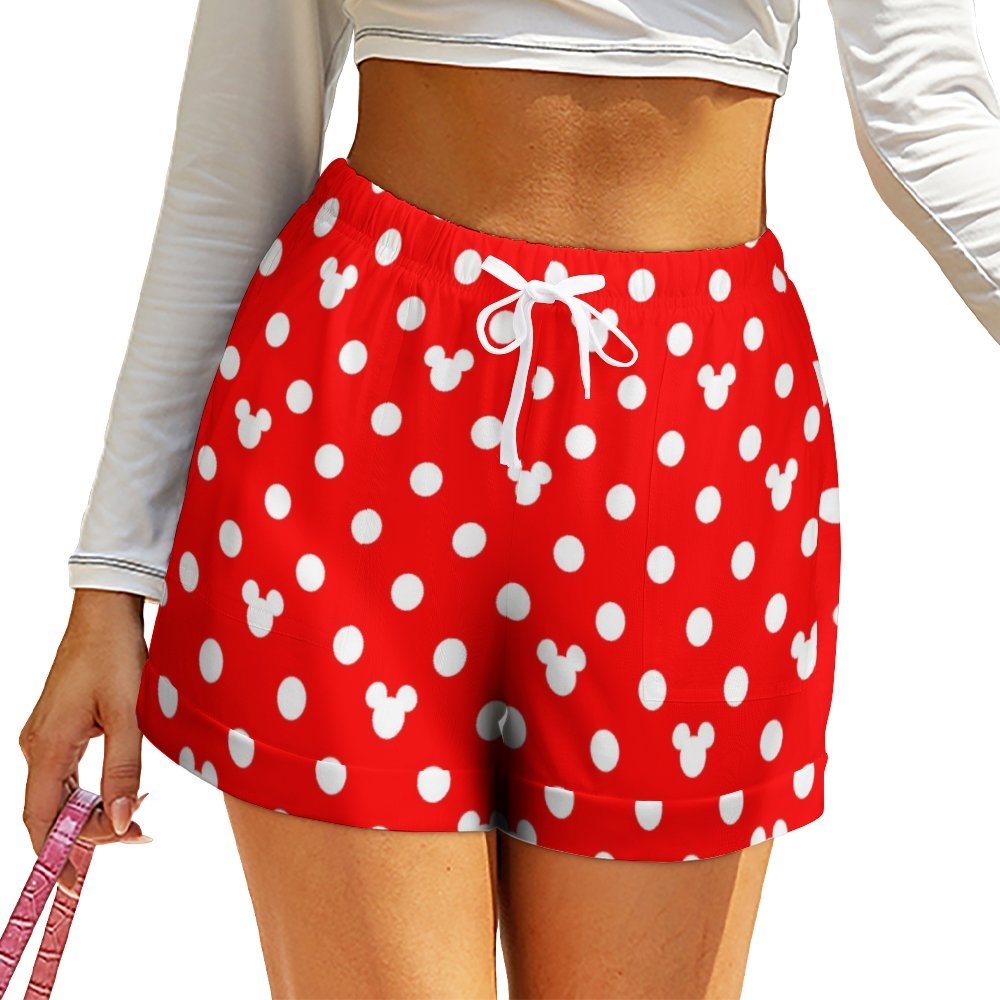 Red With White Mickey Polka Dots Women's High-Waisted Loose Shorts Wit ...